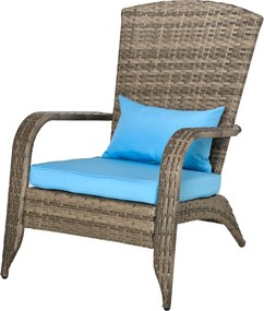 Zahradní křeslo Adirondack Outsunny s područkami a polštáři, ratan a ocel, 64x80x90 cm, Hnědé a Modré | Aosom