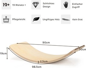 Costway Balance Board Curvy Board Balanční prkno ze dřeva – 90 × 30 cm, přírodní