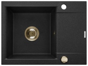 Invena Tesalia, 1-komorový granitový dřez s odkapávačem 590x440x160 mm a zlatý automatický sifon, INV-AZ-01-Z42-B