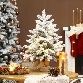 HOMCOM Mini vánoční stromek 60 cm s 35 LED světly, efekt sněhu, mini stolní stromek s šiškami, umělý vánoční stromek pro vánoční dekoraci, bílý