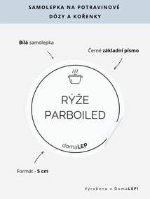 RÝŽE PARBOILED – bílá samolepka na dózu, základní písmo, 5 cm | DomaLEP