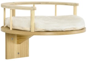 PawHut pelíšek pro kočky k montáži na stěnu Lehátko pro kočky s ochranným okrajem a polštářem, dub+krémově bílá, Ø34x10,5 cm| Aosom