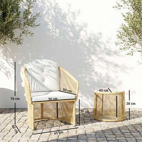Ratanový bistro set, 3dílná sada zahradního nábytku s kulatým skleněným stolem, křesly a polštáři, krémově bílá barva