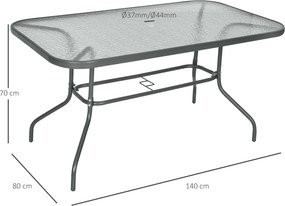 Outsunny Obdélníkový Zahradní Stůl s Zakřivenými Kovovými Okraji a Otvorem pro Slunečník, Temperované Sklo 70kg Kapacita 140x80x70 cm Tmavě Šedá