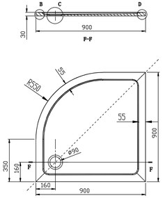 Aqualine TECMI sprchová vanička z litého mramoru, čtvrtkruh 90x90x3cm, R55 - PQ559