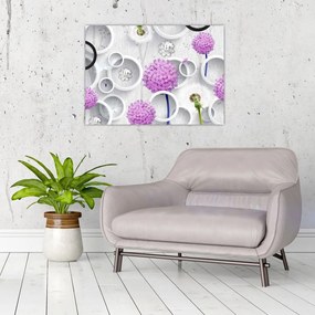 Skleněný obraz 3D abstrakce s kruhy a květinami (70x50 cm)