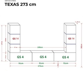Ral Obývací stěna TEXAS 3, 273 cm - Černý lesk