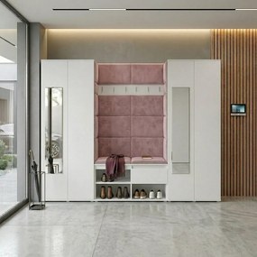 Předsíňová stěna Trinity 10 s čalouněnými panely, 280 cm, bílá / pastelově růžová