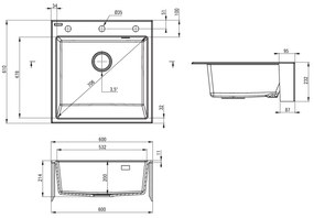 Deante Eridan Farmerski, granitový dřez na desku 600x610x214 mm, 3,5" + prostorově úsporný sifon, 1-komorový, antracitová metalíza, ZQE_T10K