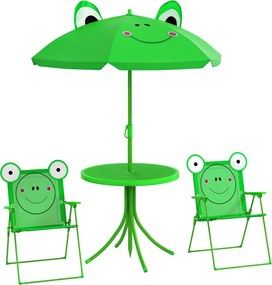 Zahradní set Outsunny pro děti – stůl a židle na piknik, skládací set pro děti se nastavitelným deštníkem 100-125 cm, design žabky, zelený