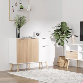 HOMCOM Moderní komoda se 3 dvířky a zásuvkou 90x30x72 cm Bílá a přírodní dřevo