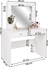 Toaletní stolek s LED osvětlením, bílá, LEDIO