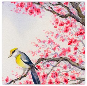 Obraz - Ptáček na stromě s červenými květy (30x30 cm)