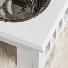 PawHut Zvýšená miska pro psy Miska na krmivo s nerezovými miskami 58,4x30,5x25,4cm MDF Protiskluzová Snadná údržba Bílá pro psy | Aosom.de