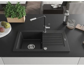 Mexen Pablo, 1-komorový granitový dřez 752x436x161 mm a dřezová baterie Flora, černá, 6510-77-670401-07