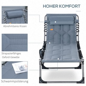 Lehátko, Skládací zahradní lehátko, Skládací lehátko s polštářem, 5stupňové opěradlo, tkanina Oxford, 188 x 57 x 30 cm, šedá barva