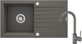 Deante Zorba, granitový dřez 760x440x160 mm Z/O, 3,5" + prostorově úsporný sifon, 1-komorový + Milin baterie, antracitová metalíza, ZQZVT113