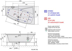 Polysan EVIA R HYDRO-AIR hydromasážní vana, 170x100x47cm, bílá 22611HA