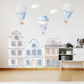 INSPIO Samolepky do dětského pokoje - Modré domky s horkovzdušnými balóny