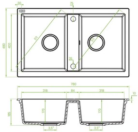 Laveo Barbados, 2-komorový granitový dřez 780x480x185 mm, šedá, LAV-SBB_520T