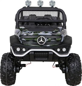 Ramiz Mercedes Benz Unimog elektrické autíčko pro děti maskáčové lakované + pohon 4x4 + dálkové ovládání + nosič zavazadel + pomalý start + MP3 + LED