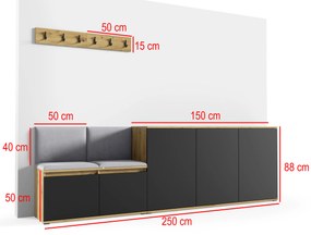 Eka Předsíňová stěna s čalouněnými panely Trinity 35 - Dub Artisan s černou / Tmavá šedá 2315