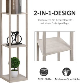 HOMCOM Stojací lampa se 3 policemi Stojací lampa, interiérové osvětlení, E27, do 40W, E1-MDF, akryl, dub+bílá, 26x26x160 cm