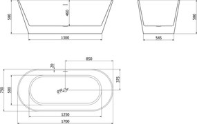 Mexen Flavia, volně stojící vana 170 x 75 cm, bílá, černý matný přepad, 54031708000-70