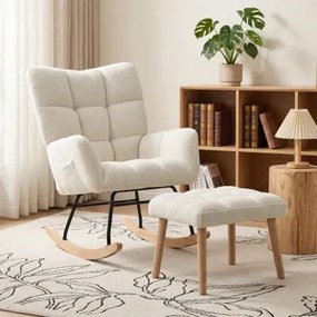 HOMCOM houpací křeslo ze sherpy s podnožkou, boční kapsy, tlusté sedadlo, prošitý vzhled, krémová