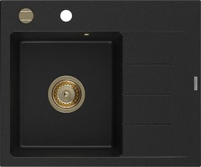 Mexen Ben, 1-komorový granitový dřez 600x500x190 mm, levý + zlatý sifon, černá, 6522605000-77-G