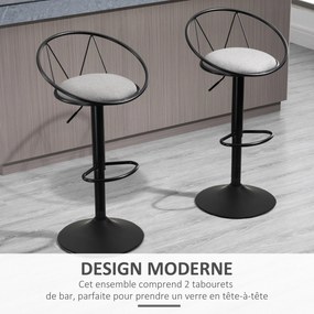 HOMCOM Sada 2 barových židlí v neo-retro designu s nastavitelným otočným kovovým podnožím, černá šedá len