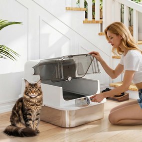 PawHut XXL nerezová uzavíratelná toaleta pro kočky – sklápěcí víko, vysoké boky, horní vstup, lopatka, kontrola zápachu, snadné čištění, nepropustná,…