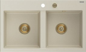 Mexen Hektor, 2-komorový granitový dřez 800x480x205 mm, béžová, zlatý sifon, 6521802000-69-G
