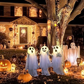 HOMCOM Halloween dekorace, 3 svítící duchové, pohybový senzor, 54 x 10 x 60 cm, bílá