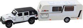 LEAN Toys Sada: terénní auto, karavan, kovové, pohon, světla, zvuky, bílá, 1:32