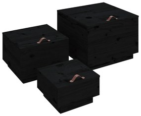 818249 vidaXL Úložné boxy s víkem 3 ks černé masivní borové dřevo