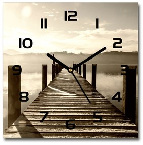 Wallmuralia Skleněné hodiny čtverec Dřevěné molo 30x30 cm
