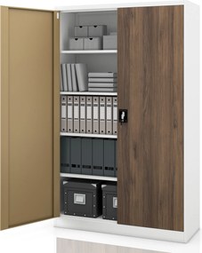 Kancelářská kovová skříň na spisy bílá / ořech: Eco Design JAN II, 1150 x 1850 x 400 mm