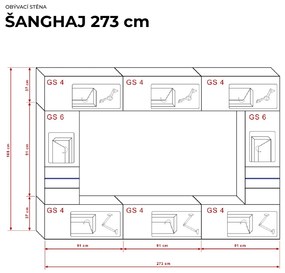 Ral Obývací stěna ŠANGHAJ 3, 273 cm - Bílý lesk