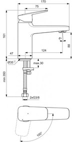 Ideal Standard Ceraplan - Umyvadlová baterie Grande s BlueStart bez odtokové garnitury, černá matná BD224XG