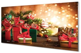 Obraz na skle Dárky vánoční ozdoby světla 100x50 cm