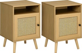 HOMCOM Sada 2 nočních stolků s ratanovými dveřmi a otevřenou policí 39x35x60 cm Přírodní | Aosom