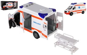 Auto ambulance plast 26cm s lehátkem na setrvačník se světlem se zvukem v krabici 37x18x11,5cm