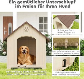 PawHut zvýšená venkovní bouda pro střední a velké psy — šikmá střecha, větrání a zemní kolíky, PP, 88 × 78 × 89 cm (béžová/tmavě hnědá)