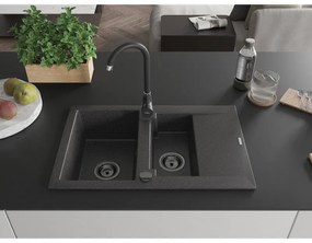 Mexen Gaspar, granitový dřez 737x475x177 mm, 1,5-komorový, černá skvrnitá s černým sifonem, 6507731505-76-B