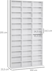 HOMCOM Police na CD/DVD - Úložný Skříň pro 1116 CD, 36 výškově nastavitelných kompartimentů, 195 x 102 x 23,5 cm, Bílá | Aosom