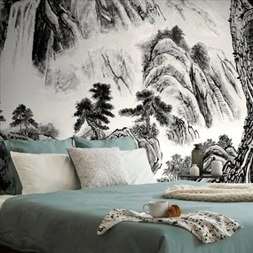 Tapeta černobílá čínská krajinomalba - 375x250 cm