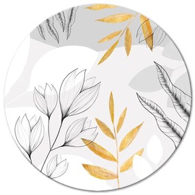 Kulatý obraz Grafické květiny - kreslené rostliny se zlatými listy