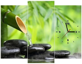 Gario Obraz s hodinami Bambusový pramínek a kameny - 3 dílný Rozměry: 80 x 40 cm