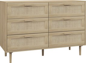 HOMCOM Skříňka s 6 zásuvkami a ratanovým předním panelem, rozměry 110 Š x 40 H x 75 V cm, vzhled světlého dřeva | Aosom